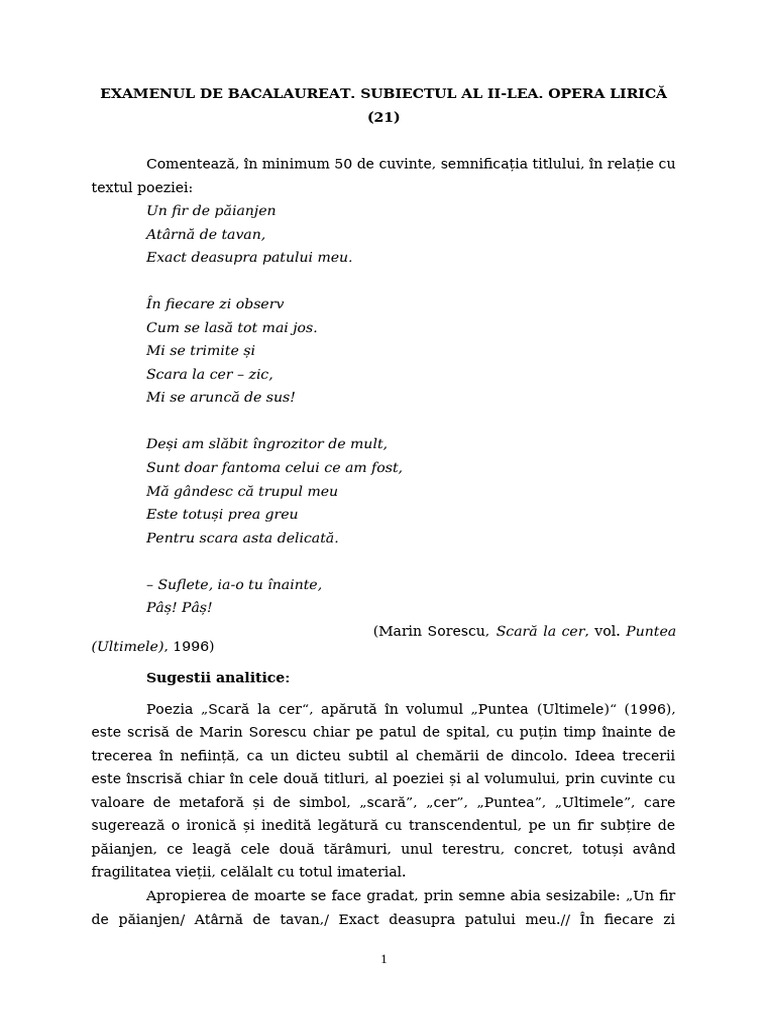 Examenul de Bacalaureat. Subiectul Al Iilea. Opera Lirica 21 | PDF