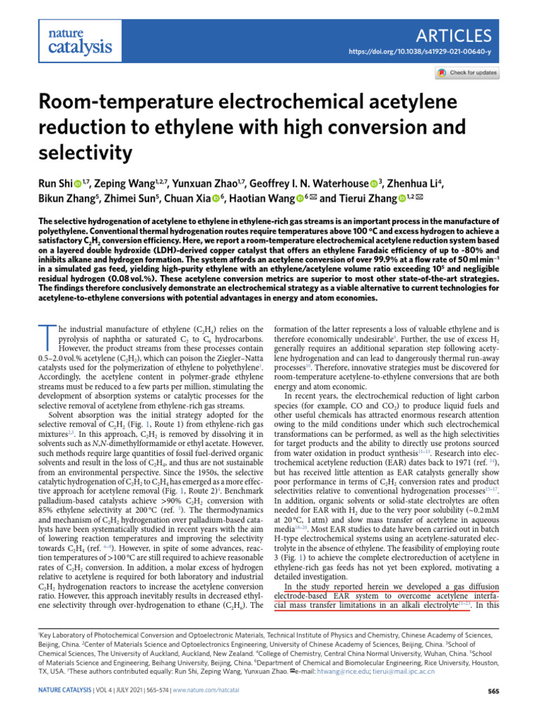 Nat, Catalyst, 2021, Room-Temperature Electrochemical Acetylene ...