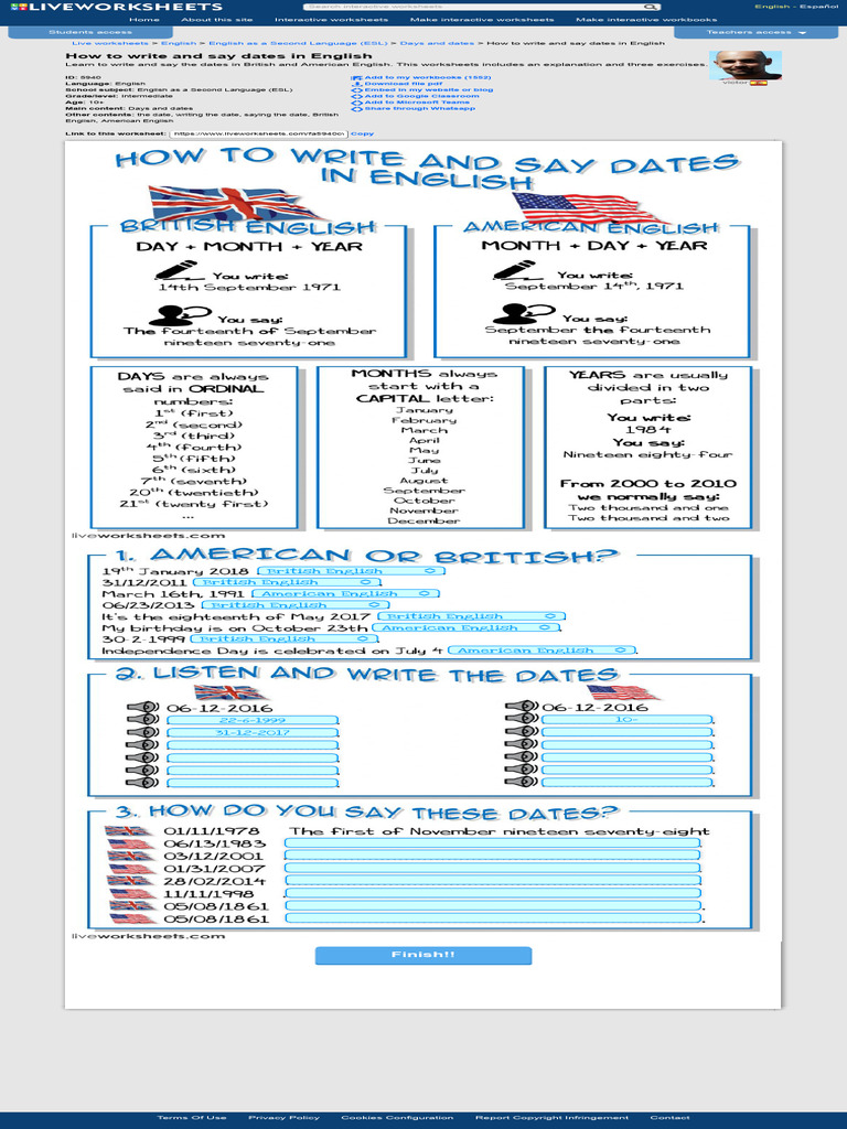How To Write and Say Dates in English Worksheet | PDF | Worksheet ...