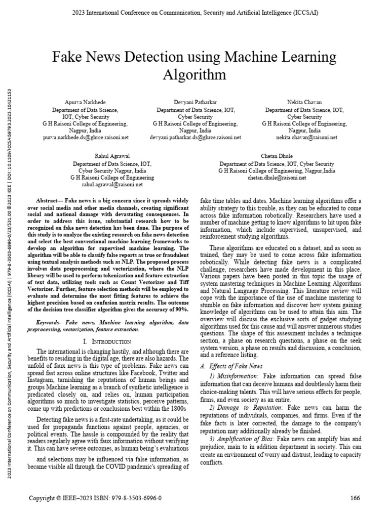 Fake News Detection Using Machine Learning Algorithm | PDF