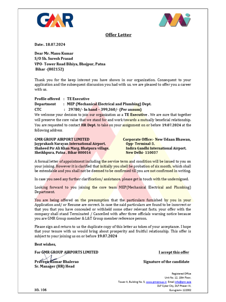 Offer Letter Manu Kumar GMR Group | PDF