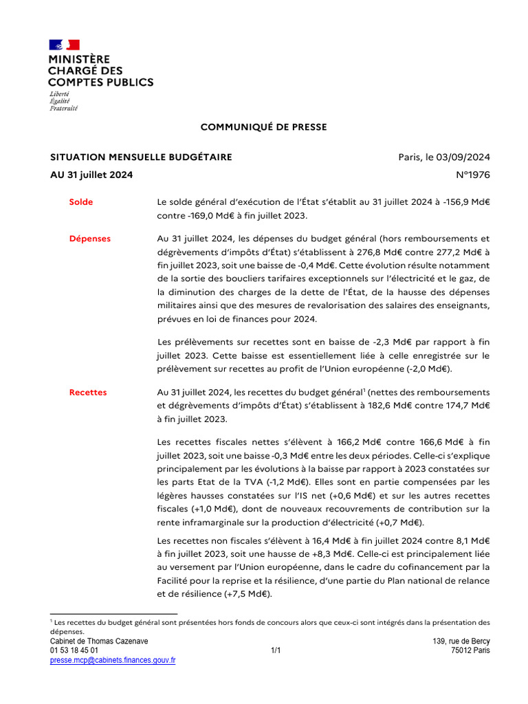 1976 - CP - Situation Mensuelle Budgetaire Au 31 Juillet 2024 | PDF
