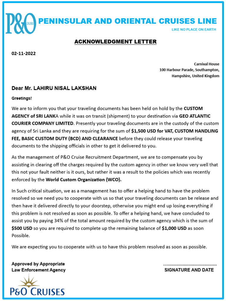 Acknowledgment Letter P&O (PENINSULAR AND ORIENTAL) CRUISE LINE For Mr ...
