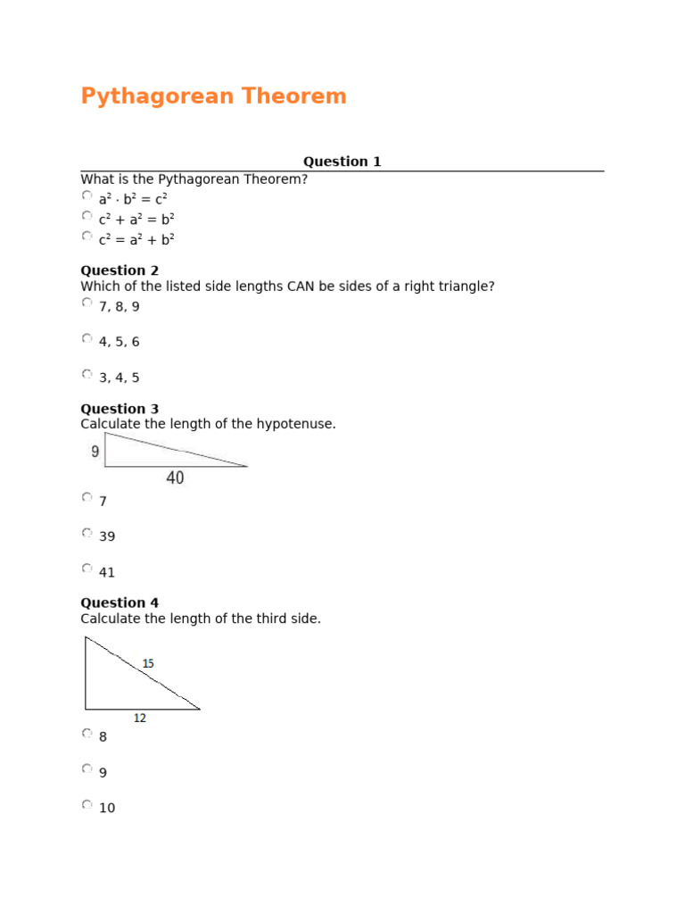 Pythagorean Theorem Quiz | PDF