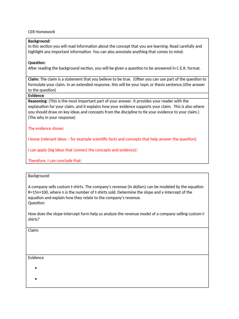 CER Homework Handout | PDF