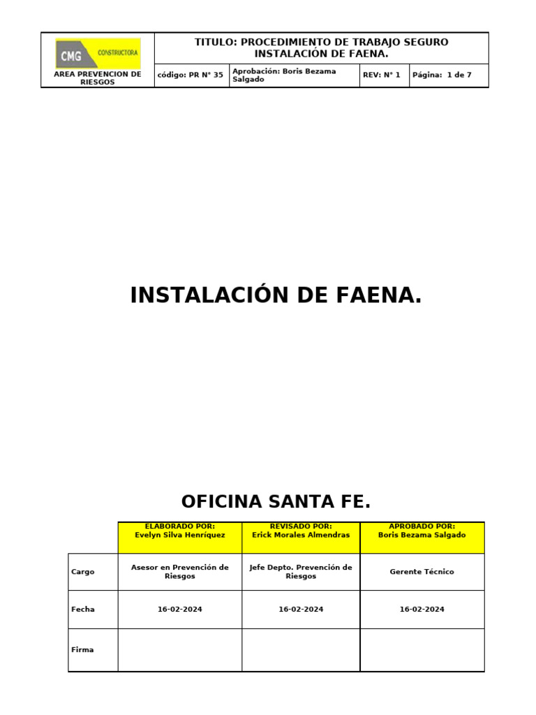 PTS Instalacion de Faena | PDF