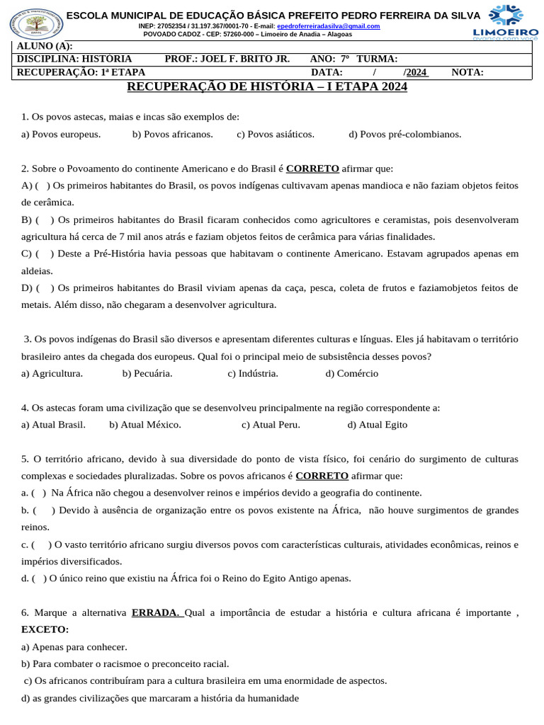 RECUP. DE HIST. 1 Etapa 7º Ano A e B 2024 | PDF