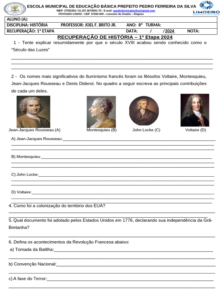 RECUP. DE HIST. 1 Etapa 8º Anos 2024 | PDF