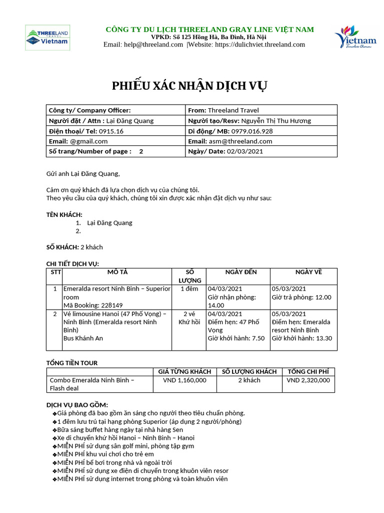 Phiếu xác nhận dịch vụ - Sample | PDF