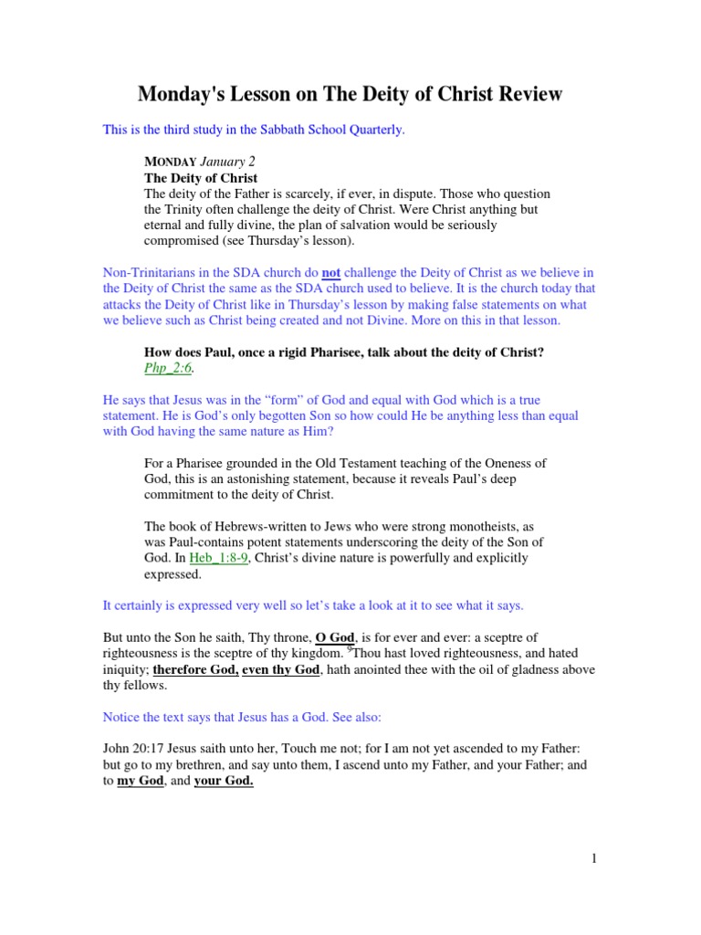 SDA Sabbath School Trinity Lesson Review, Monday January 2, 2012: The ...