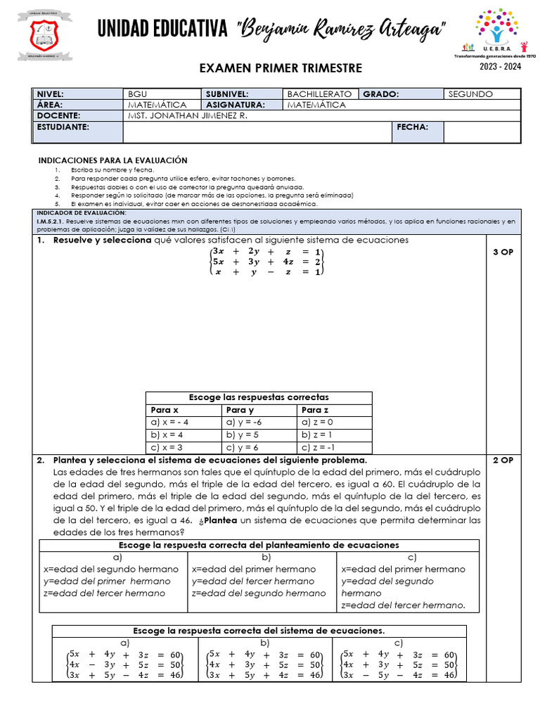 Examen Matemática 2do Bgu M T1 | PDF