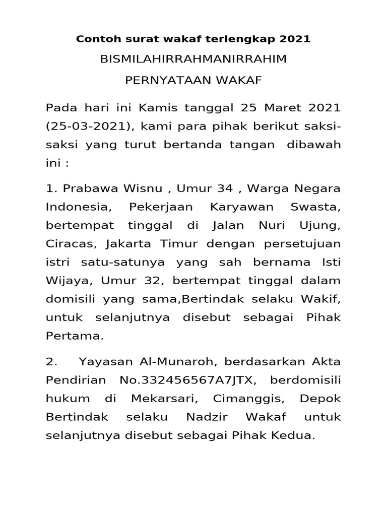 Contoh Surat Wakaf Terlengkap | PDF