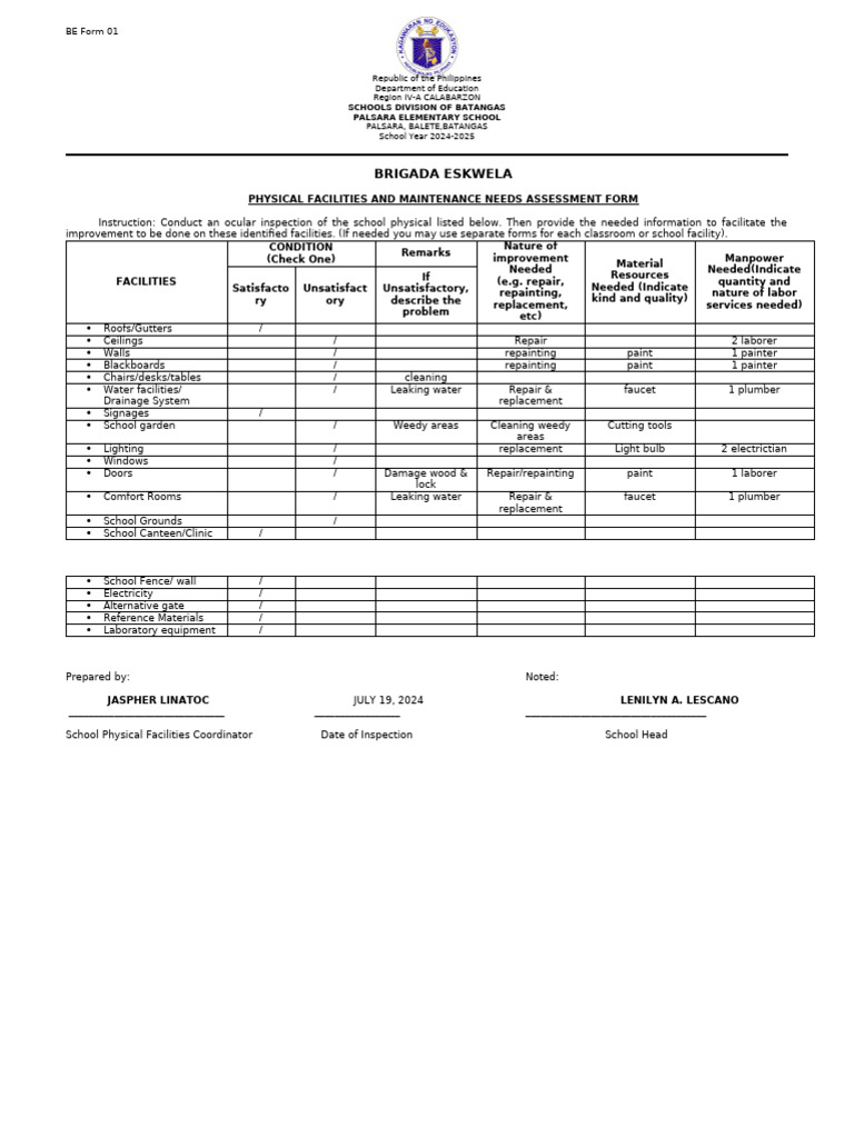 BE Form 1 PHYSICAL FACILITIES AND MAINTENANCE NEEDS ASSESSMENT FORM | PDF