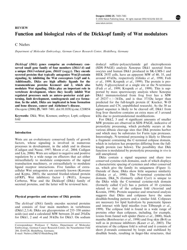 Function and Biological Roles of The Dickkopf Family of WNT Modulators ...