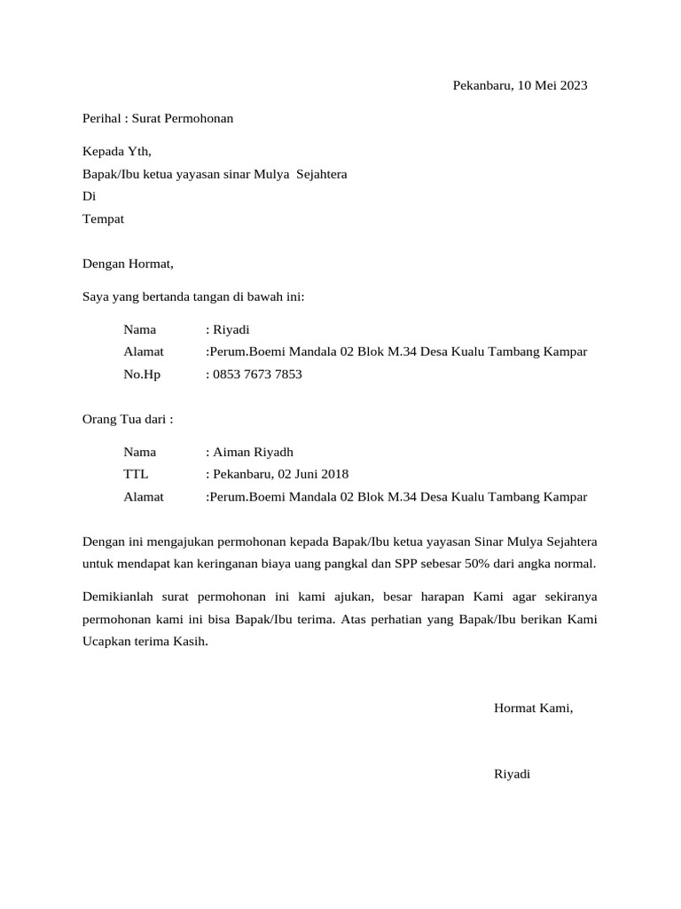 Contoh Surat Permohonan Keringanan SPP | PDF