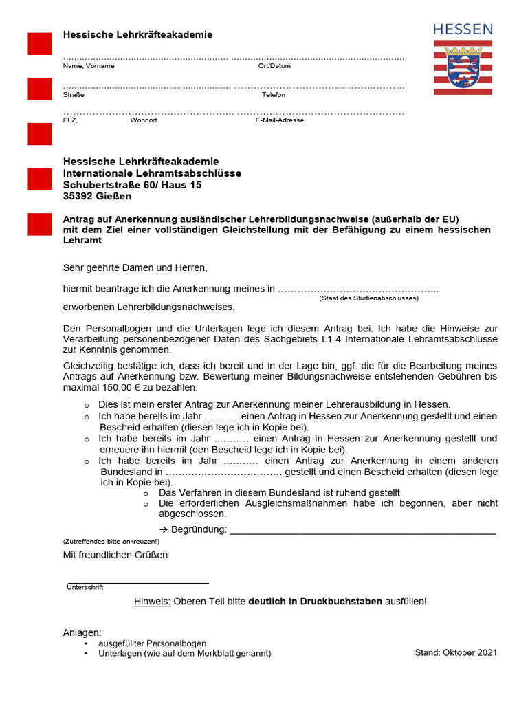 Hessen Antrag Auf Anerkennung 2021 | PDF