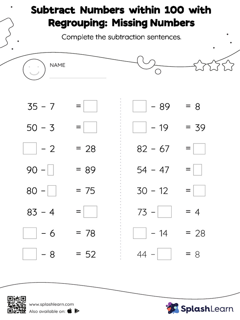 Subtract Numbers Within 100 With Regrouping - Missing Numbers Worksheet ...