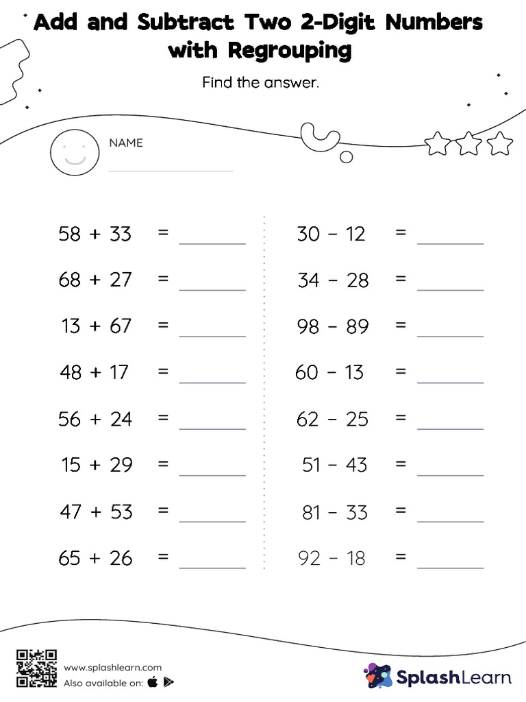 Add and Subtract Two 2-Digit Numbers With Regrouping - Horizontal ...