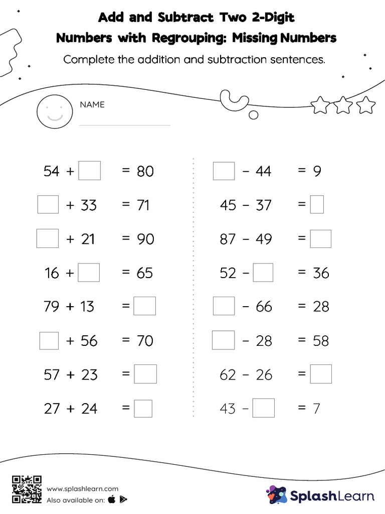 Add and Subtract Two 2-Digit Numbers With Regrouping - Missing Numbers ...