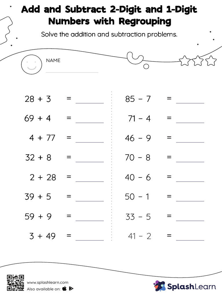 Add and Subtract 2-Digit and 1-Digit Numbers With Regrouping ...