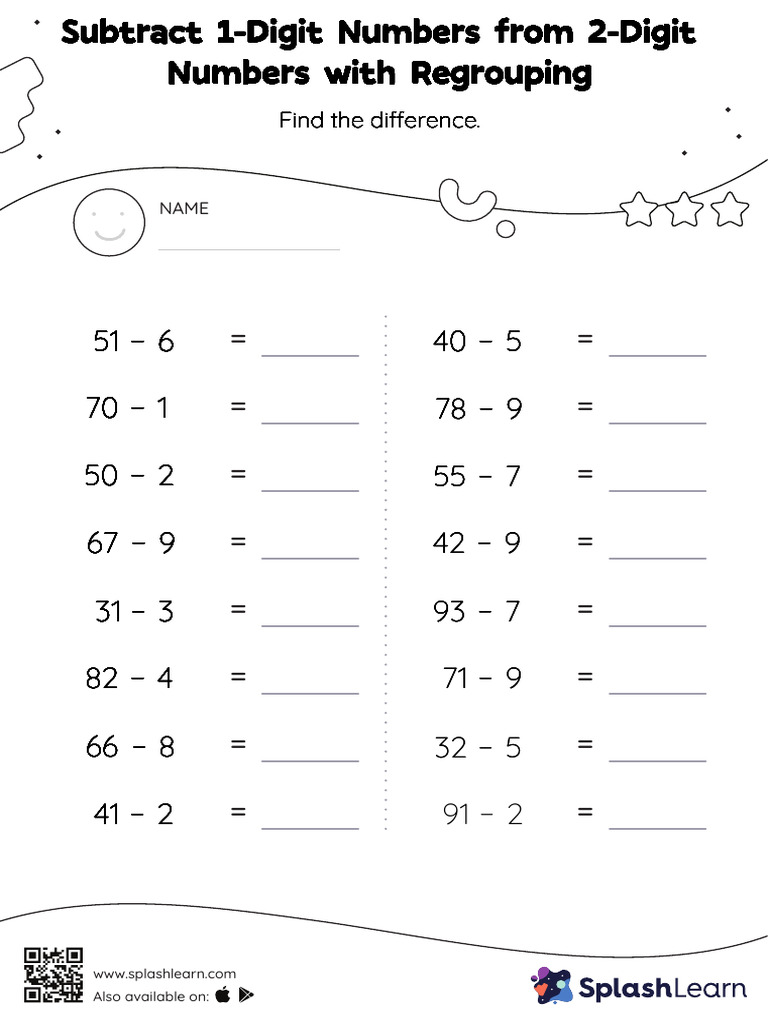 Subtract 1 Digit Numbers From 2 Digit Numbers With Regrouping Horizontal Subtraction Worksheet