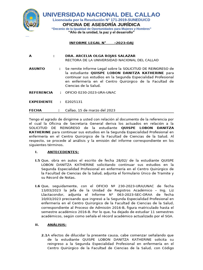 Informe Reingreso - Segunda Especialida. Danitza-2025131 | PDF