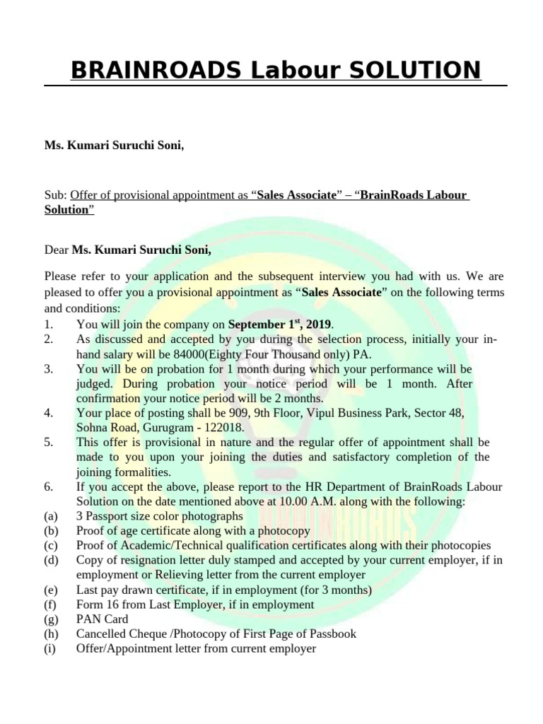 Kumari Suruchi Soni BrainRoads Labour Solutions Offer Letter | PDF