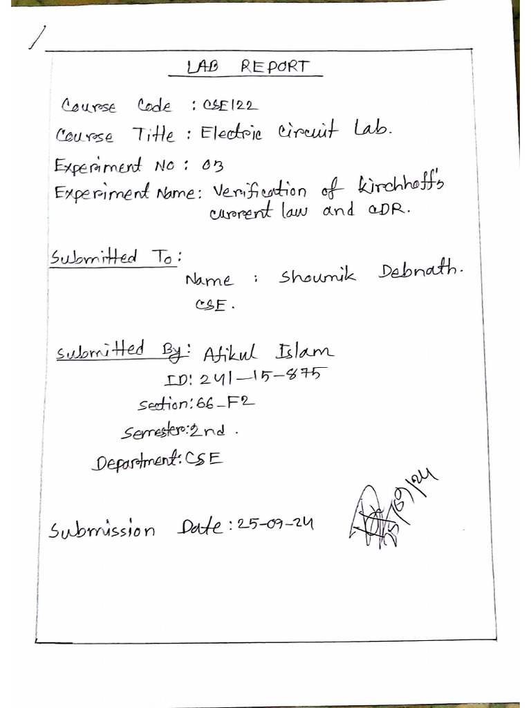 EC Lab Report-03 On Verification of KCL and CDR | PDF
