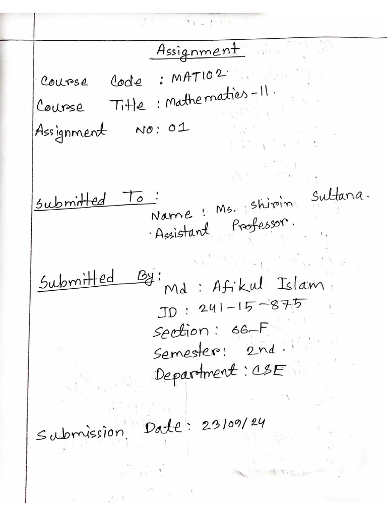 Math-102 Assignment - 01 | PDF