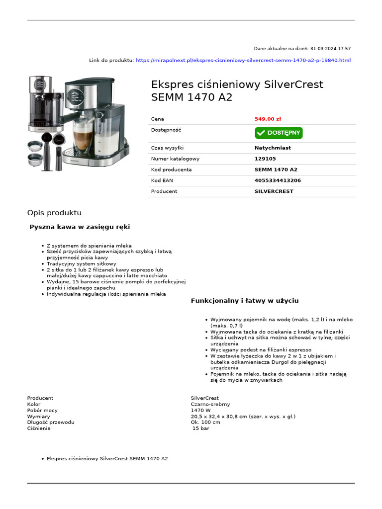 Ekspres Cisnieniowy Silvercrest Semm 1470 A2 | PDF