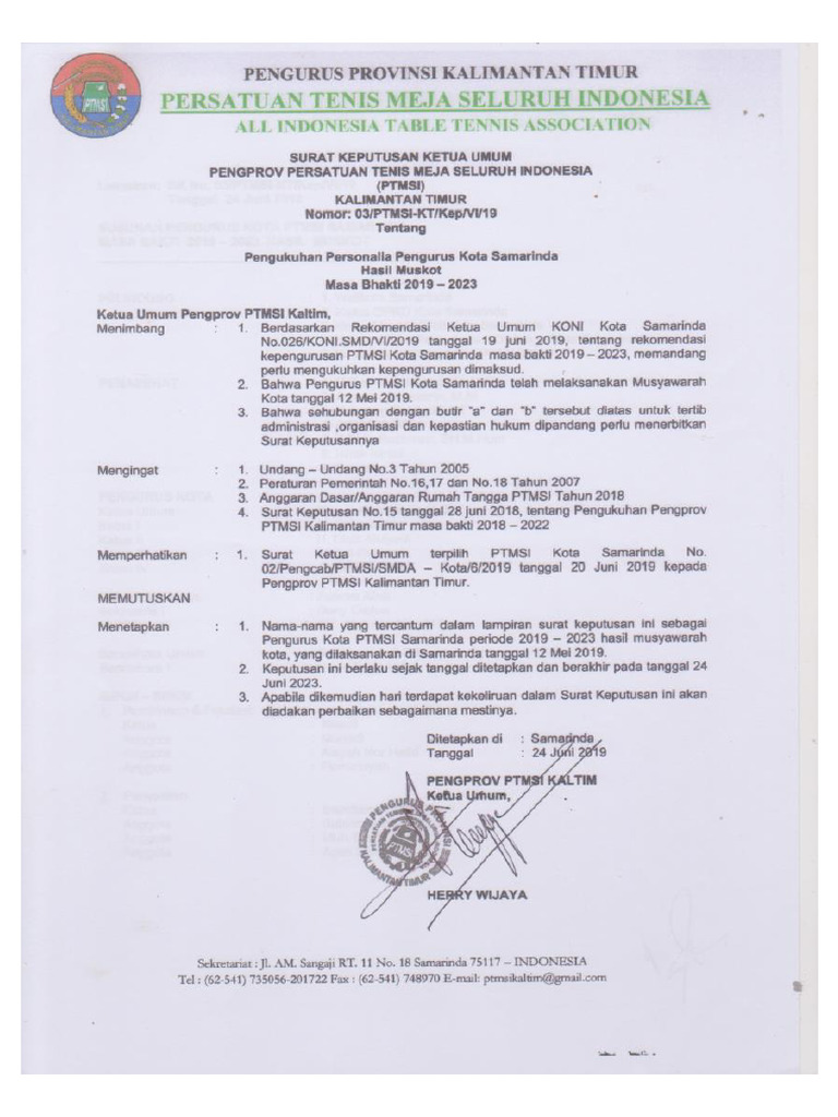 SK No.03-PTMSI-KT-Kep-VI-19, Persatuan Tenis Meja Seluruh Indonesia, 24 ...