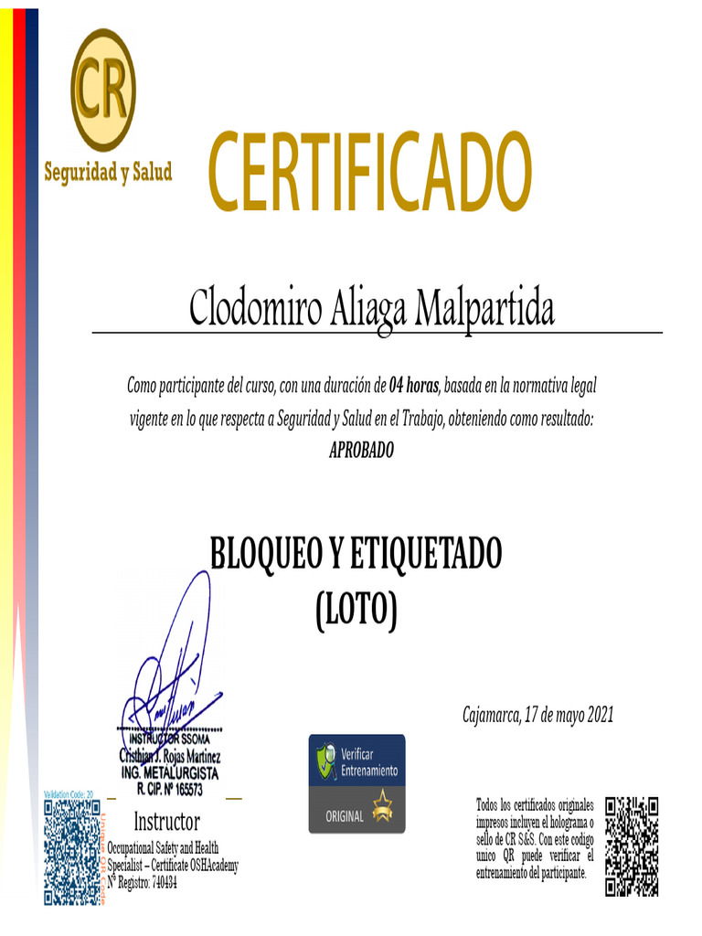 Certificado - LOTO - 17 May - Clodomiro Aliaga Malpartida | PDF
