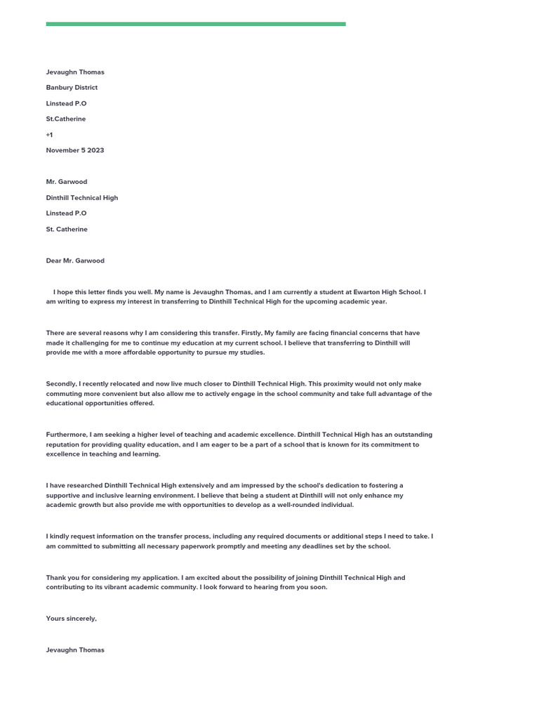 Student Transfer Request to Dinthill High | PDF | Wellness
