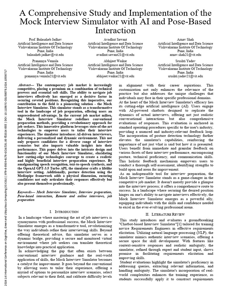 A Comprehensive Study and Implementation of The Mock Interview Simulator With AI and Pose-Based ...