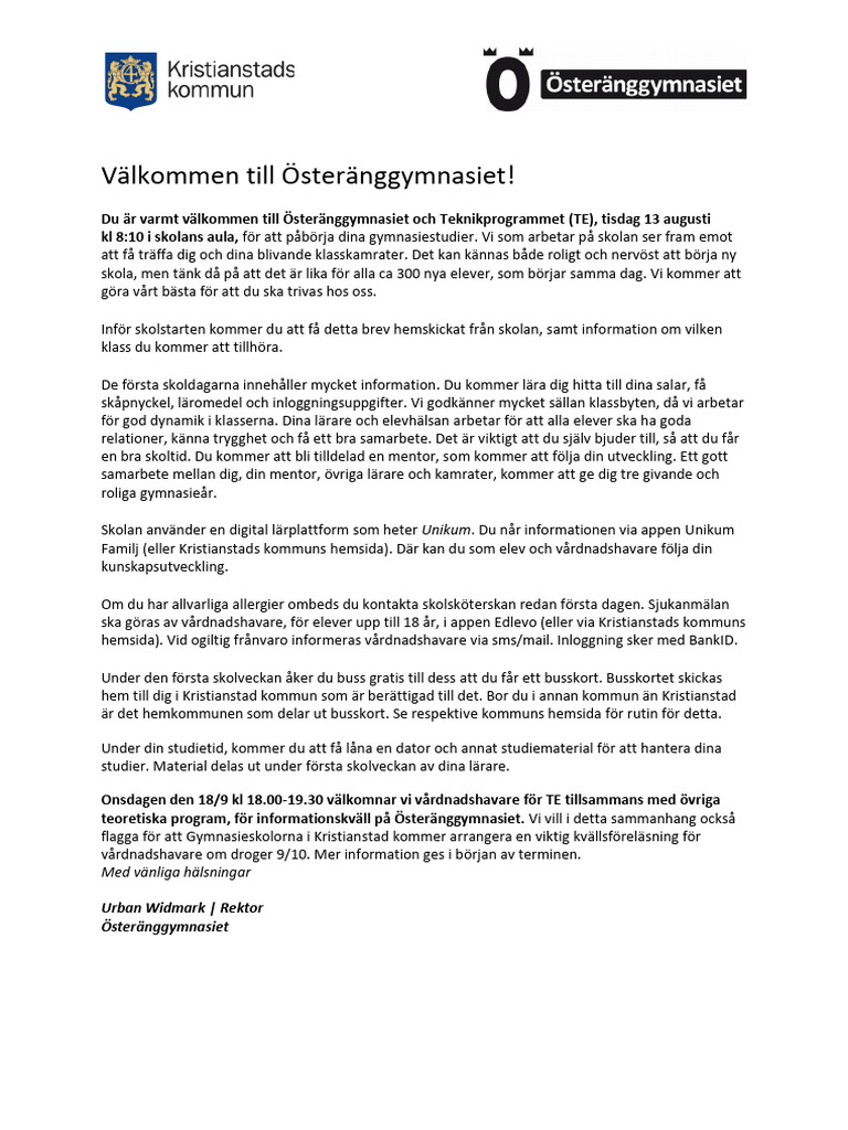 Välkomstbrev Nya Elever ÖS TE 2024 | PDF