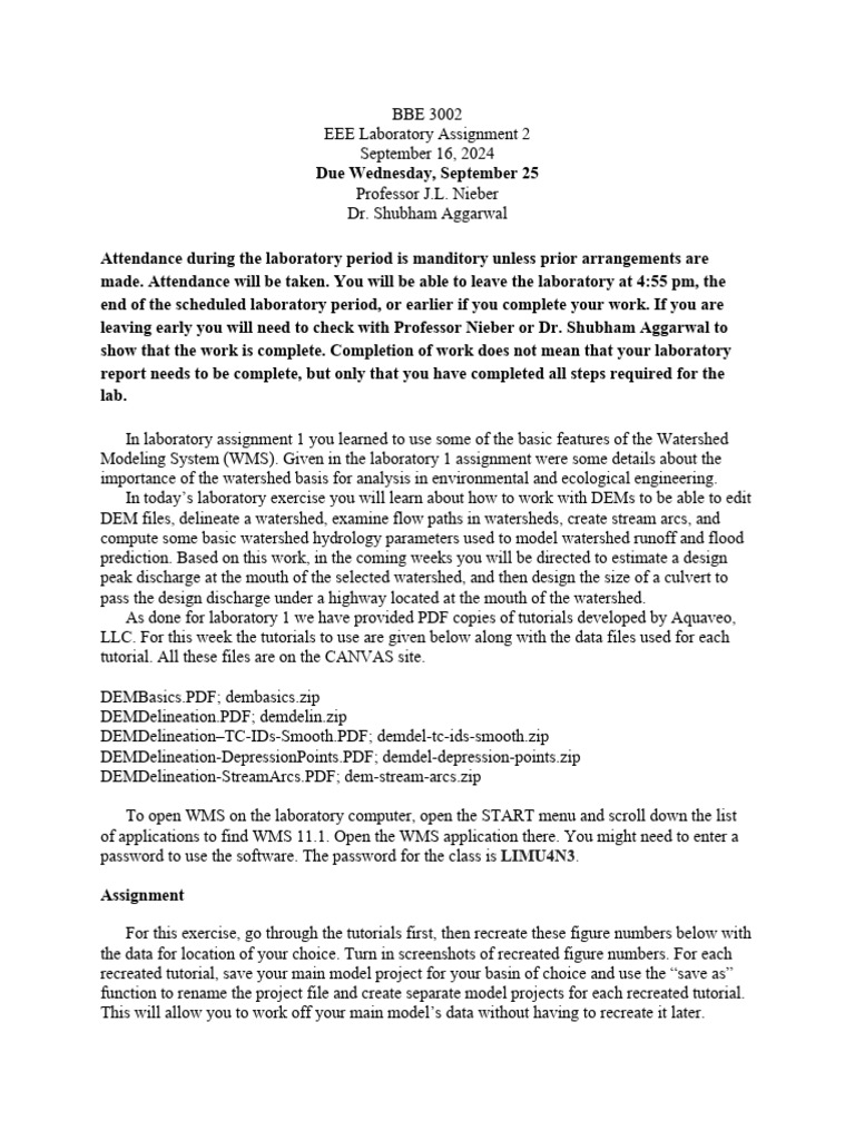 BBE 3002 - EEE - Laboratory Assignment 2 Advancing WMS Skills - DEM Delineation - 2024 | PDF