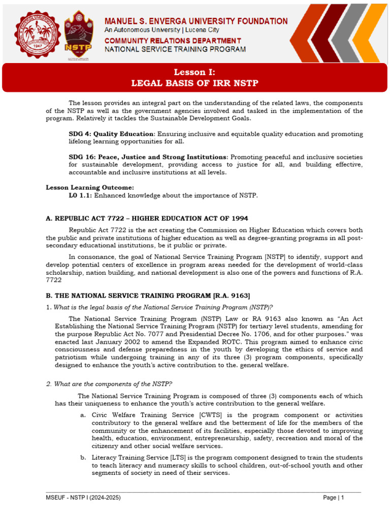 Lesson 1 - LEGAL BASIS OF IRR NSTP | PDF
