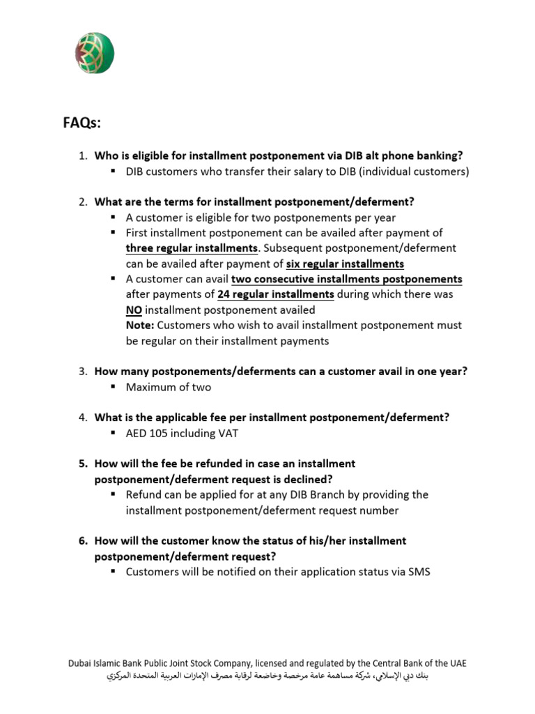Faqs Instalment Deferment Dib Alt Phone Banking | PDF