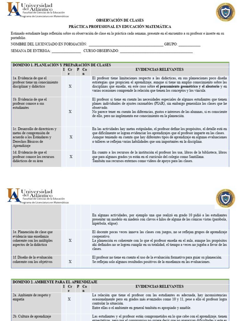 FORMATO OBSERVACIÓN DE CLASES III.docx | PDF