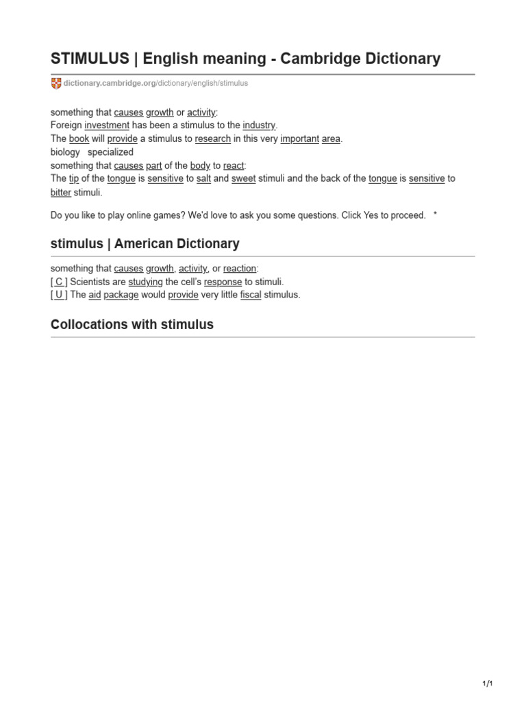 STIMULUS English Meaning - Cambridge Dictionary | PDF
