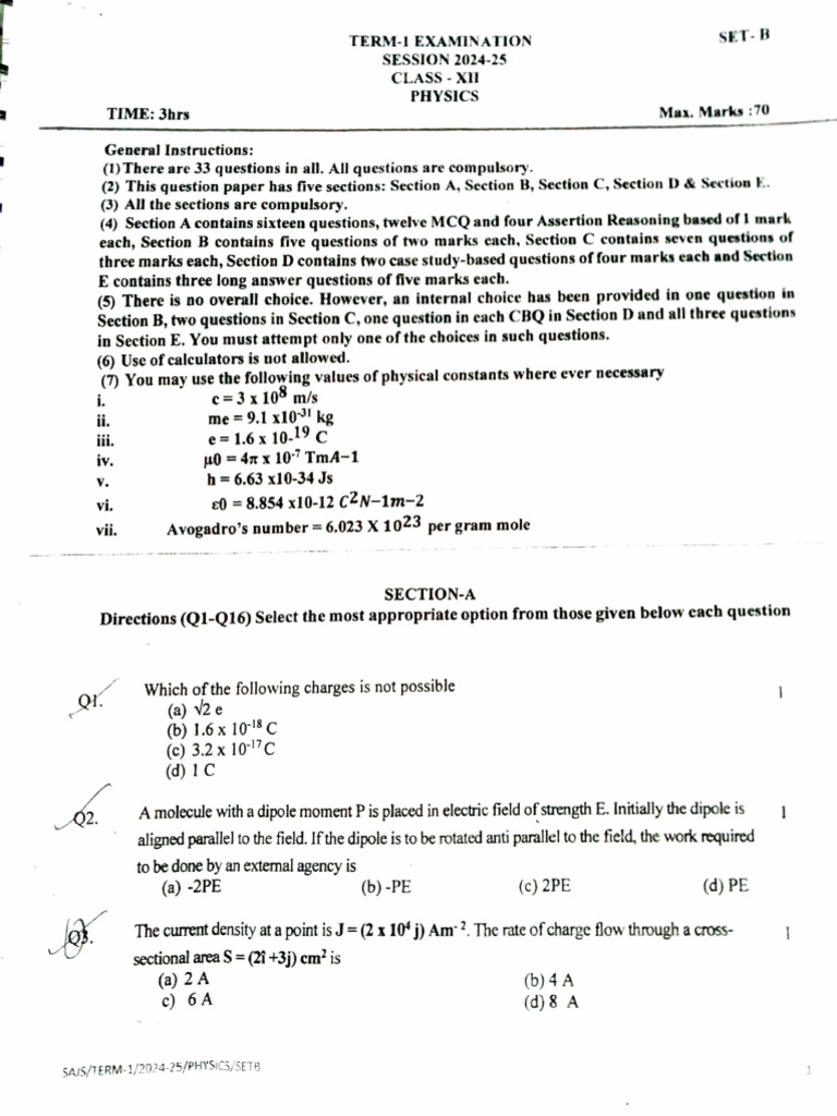 Physics Term 1 Question Paper Class 12 | PDF