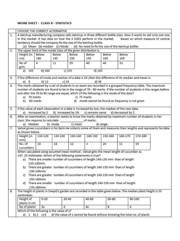 Statistics Work Sheet | PDF