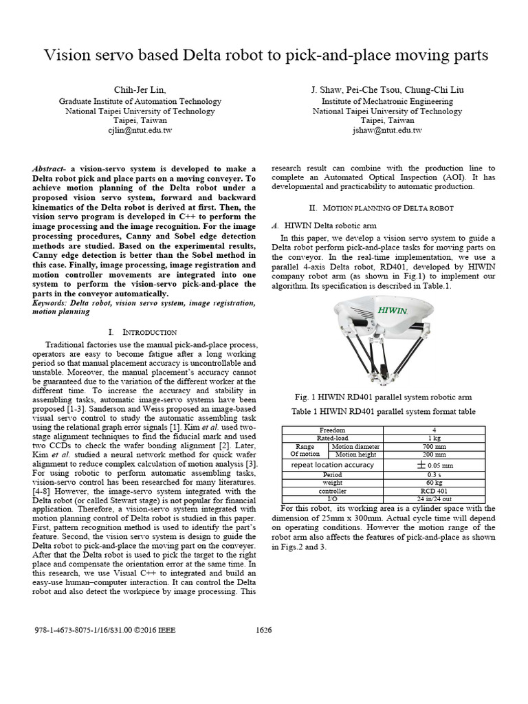 Robot Delta dựa trên servo Vision để gắp và đặt các bộ phận chuyển động ...