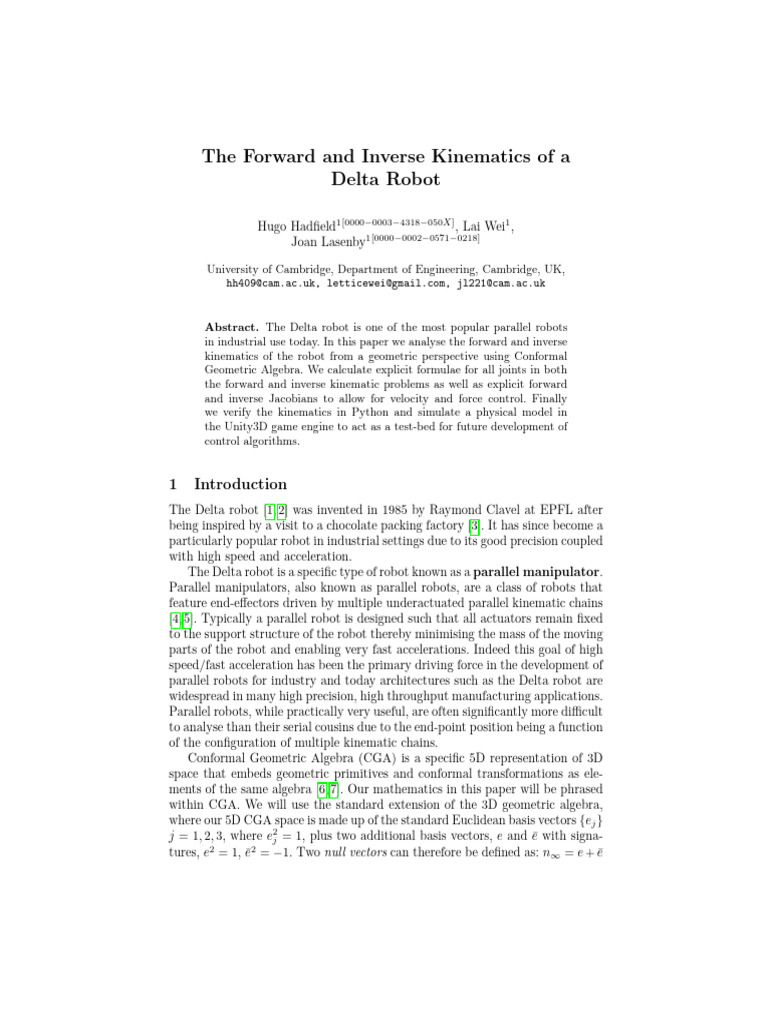 Forward and Inverse Kinematics of A Delta Robot With CGA | PDF
