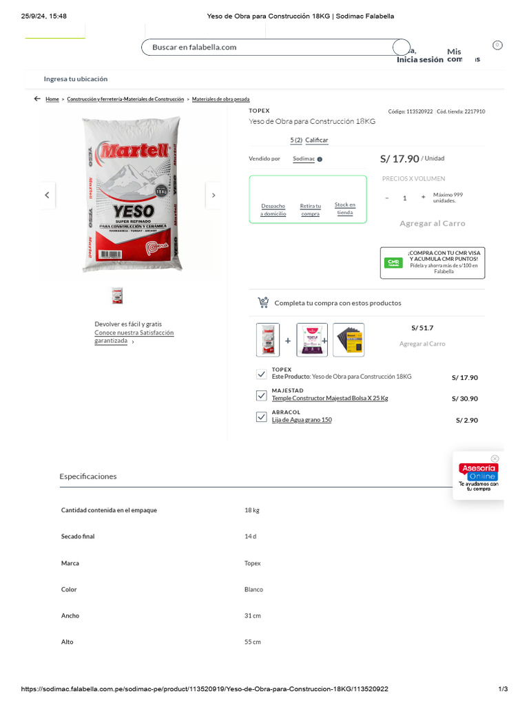Yeso de Obra 18KG en Sodimac | PDF | Venta al por menor | Empresas ...