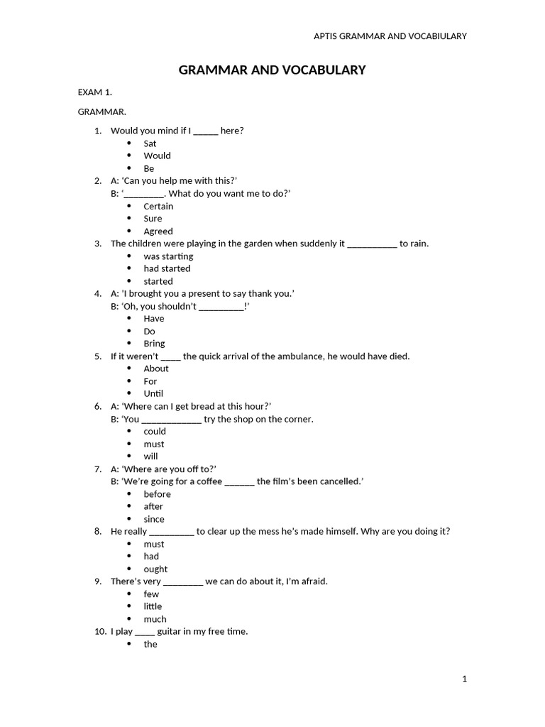 Grammar and Vocabulary Exams | PDF | Vocabulary