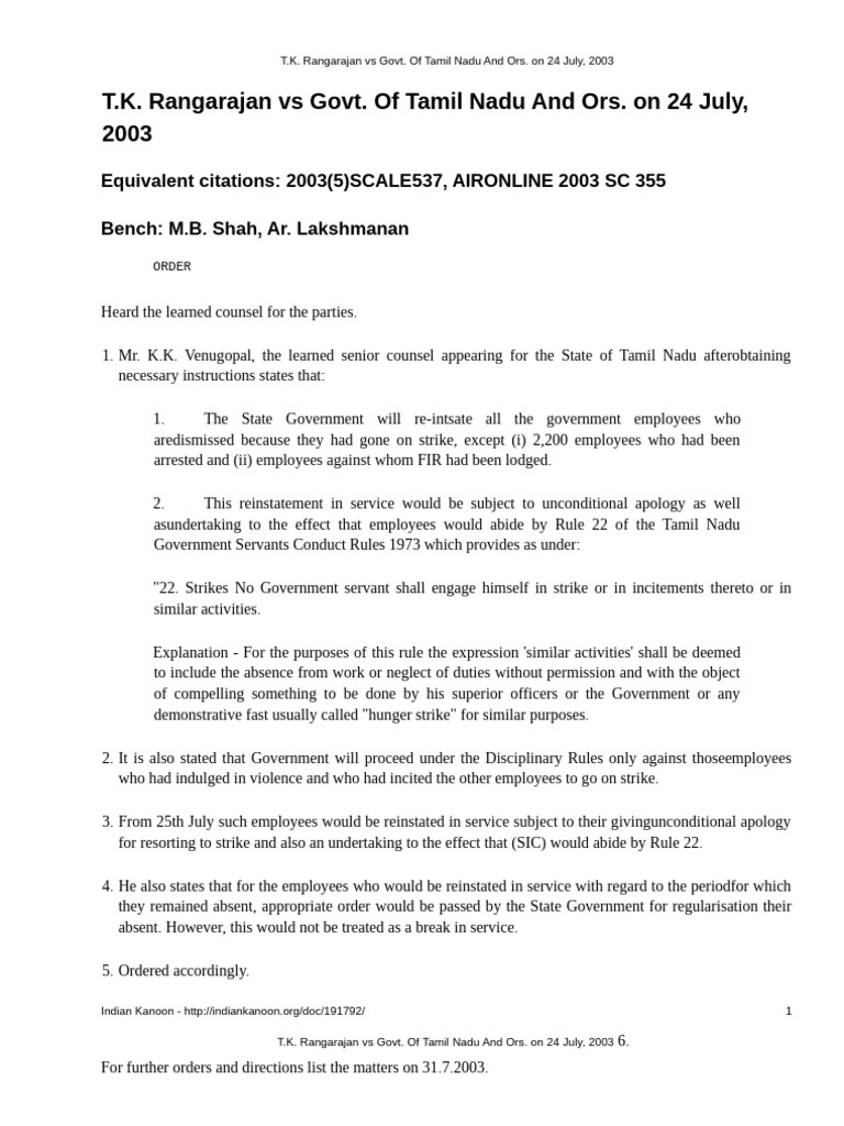 T K Rangarajan Vs Govt of Tamil Nadu and Ors On 24 July 2003 | PDF ...