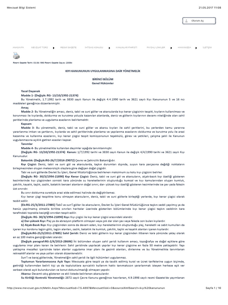 Kiyi Kanununun Uygulanmasina Dai̇r Yönetmeli̇k | PDF