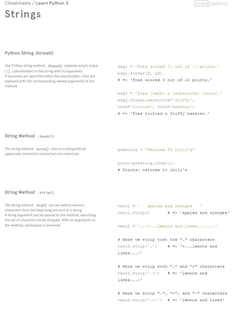 Learn Python 3 - Strings Cheatsheet - Codecademy | PDF Learn Python 3 - Strings Cheatsheet - Codecademy | PDF