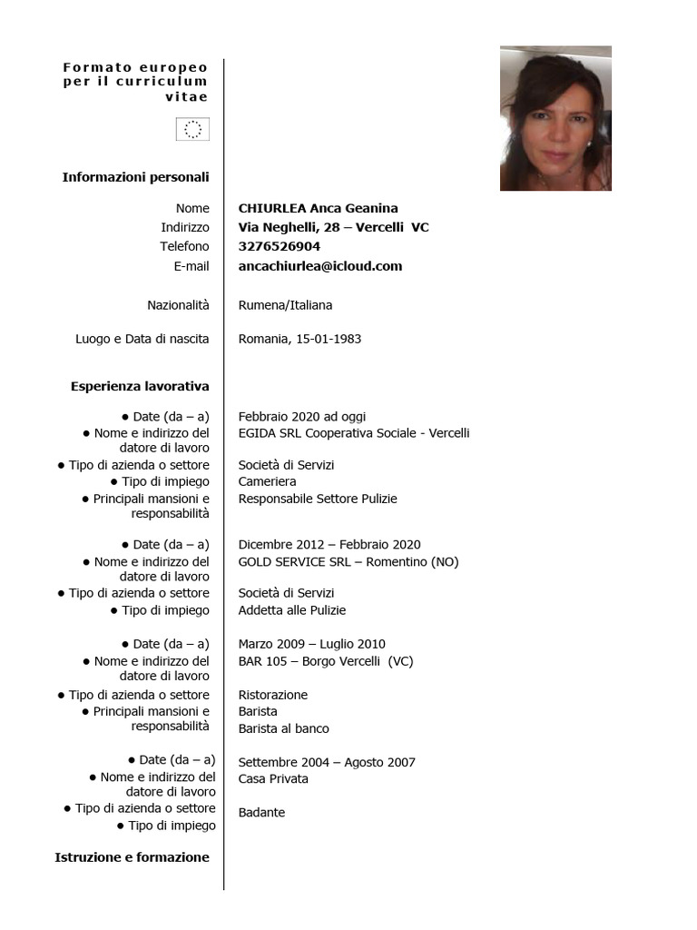 Anca Geanina Chiurlea CV - Europeo | PDF